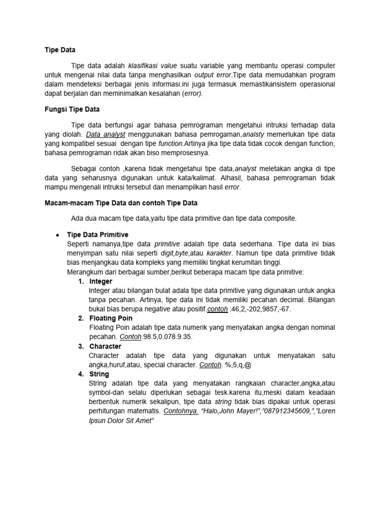 Tipe Data: Primitive dan Composite | PDF | Metode & Bahan Ajar