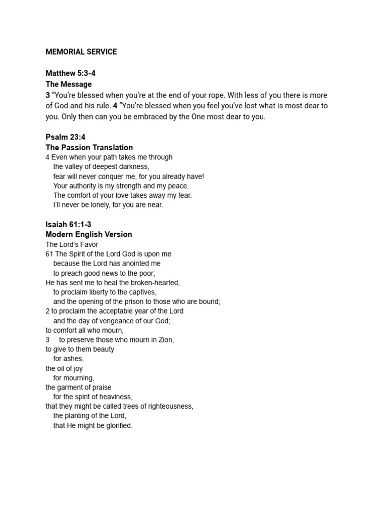MEMORIAL SERVICE Scriptures | PDF | Religious Belief And Doctrine ...