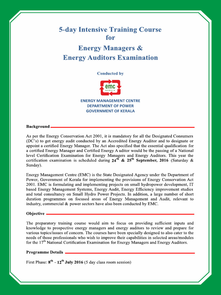 Trainig Course For Energy Managers Energy Auditor Examination | PDF