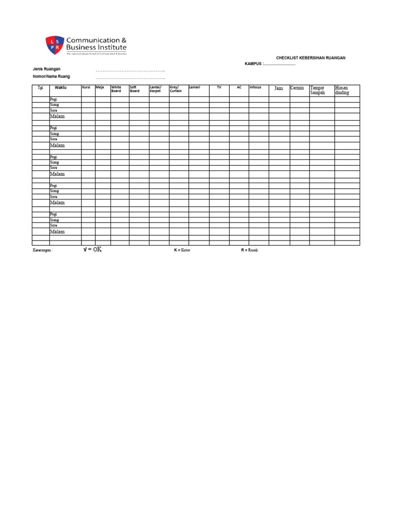 Checklist Kebersihan Ruangan Kampus | PDF