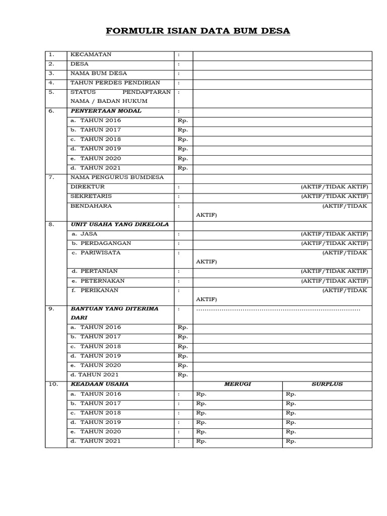 Formulir Data BUM Desa 2022 | PDF | Bisnis | Hukum