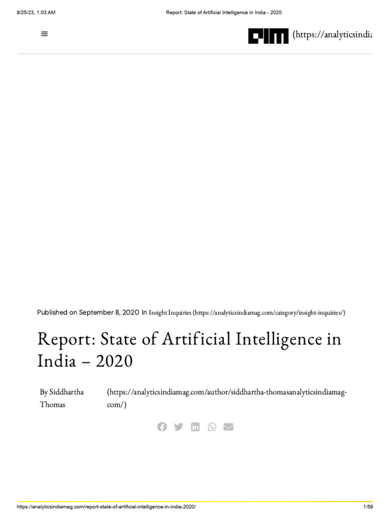 Report - State of Artificial Intelligence in India - 2020 | PDF ...