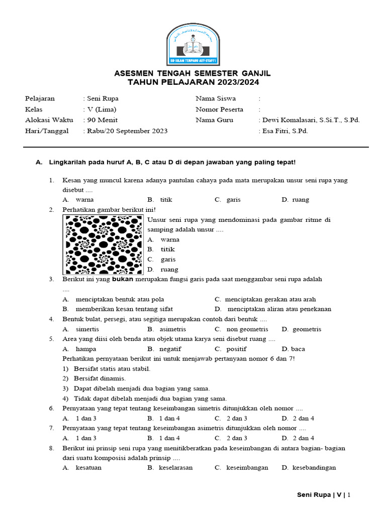 FIX SOAL ATS Seni Rupa GANJIL KELAS 5 KURMER TP 2023-2024 | PDF