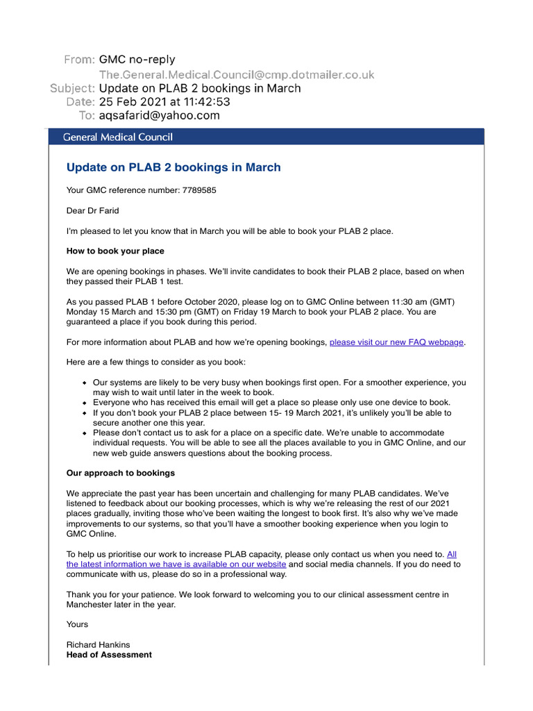 Update On PLAB 2 Bookings in March | PDF