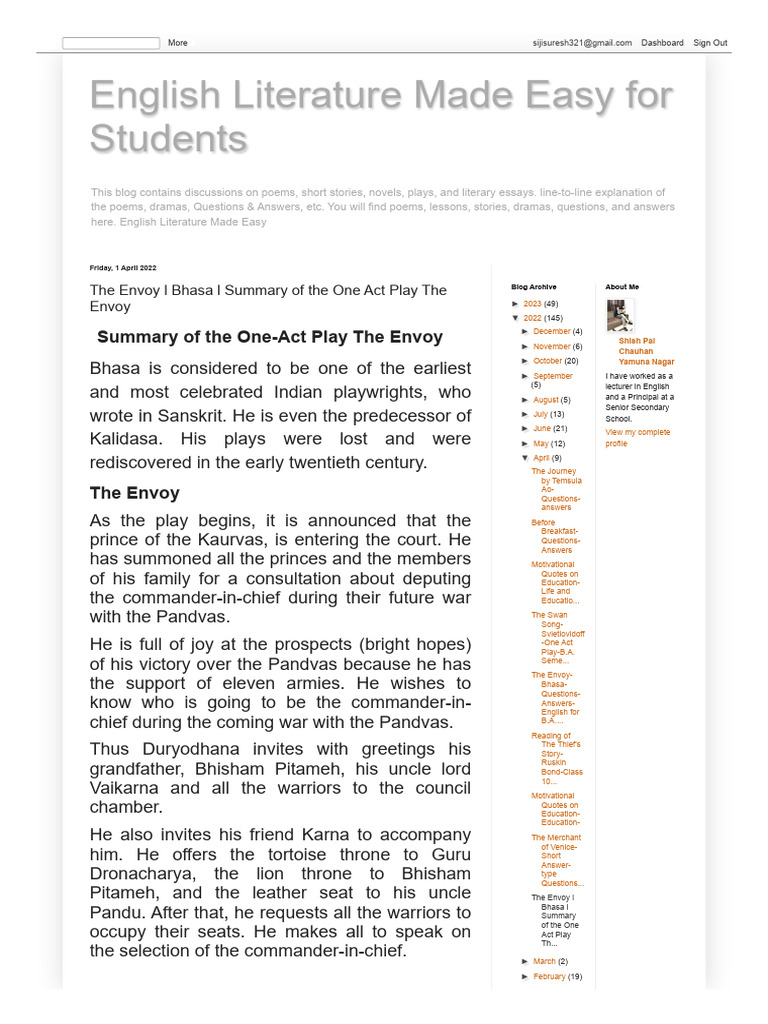 English Literature Made Easy For Students - The Envoy L Bhasa L Summary ...