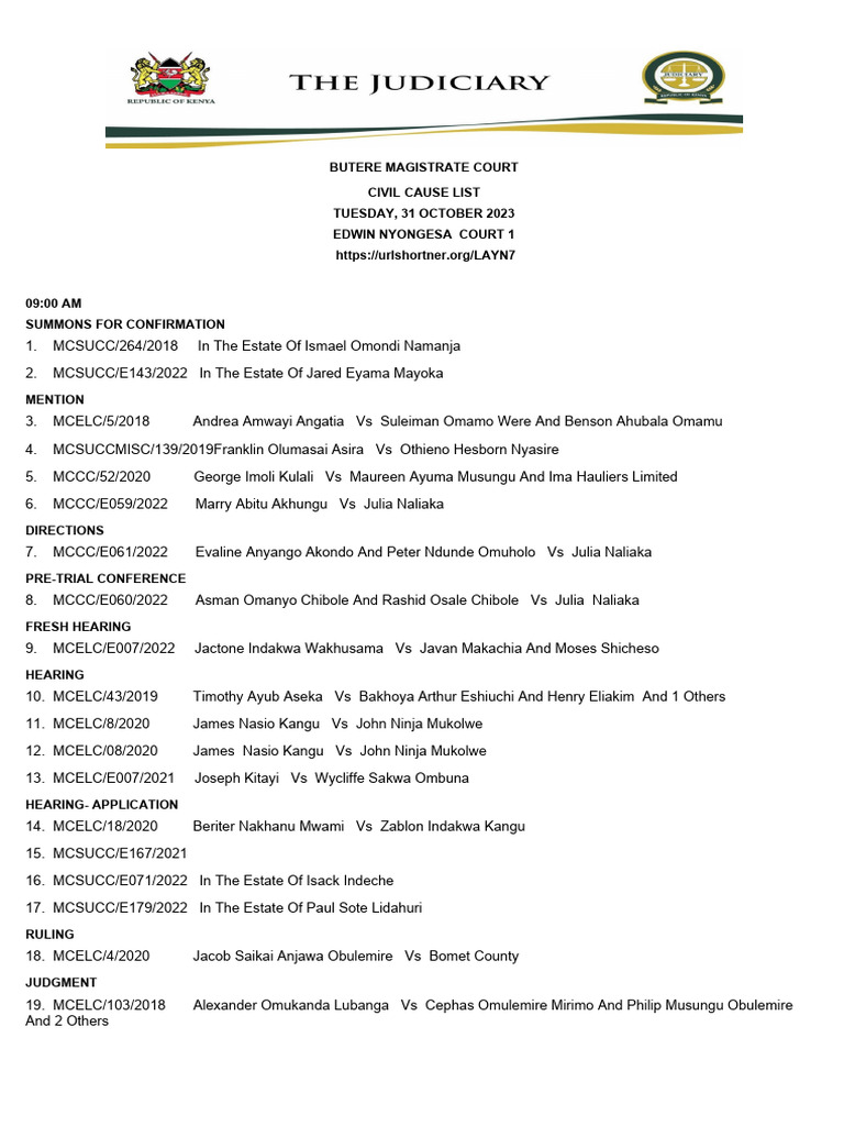 Butere Court Civil Case Schedule | PDF | Law