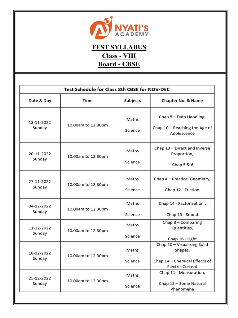 8th Test Schedule For Nov-Dec | PDF | Mathematics | Science