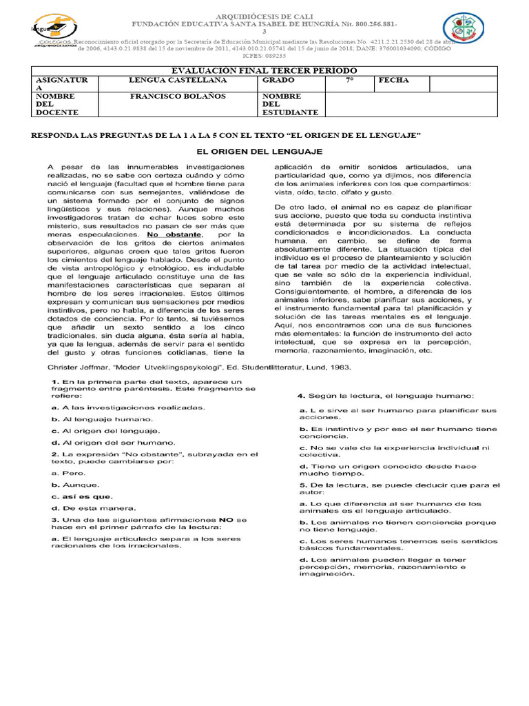 Examen Final 7 Tercer Periodo | PDF