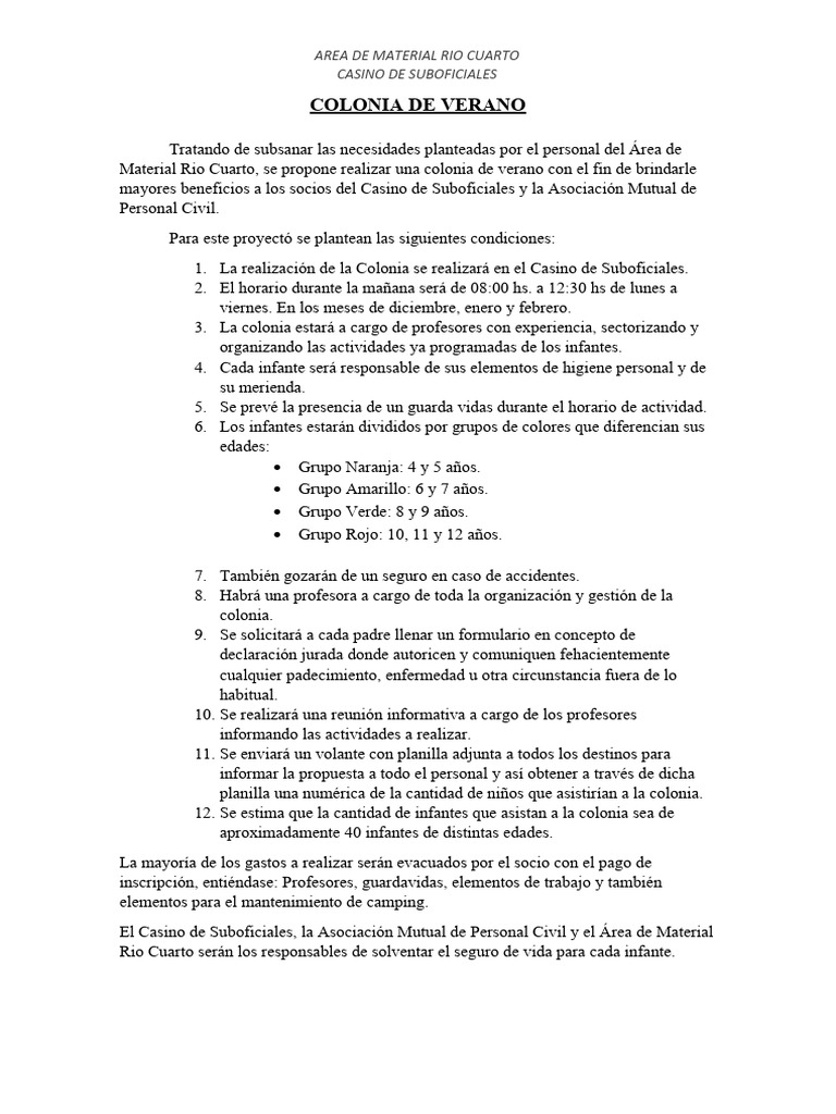 Colonia de Verano. | PDF