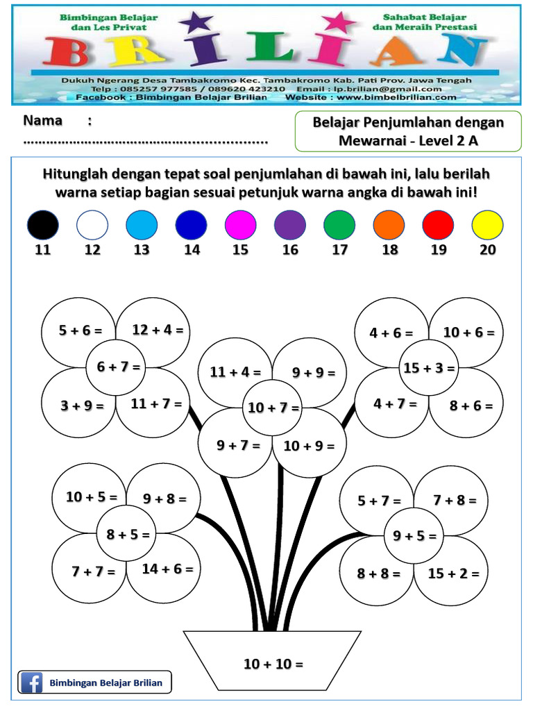 Berhitung Penjumlahan Dengan Mewarnai Level 2 | PDF