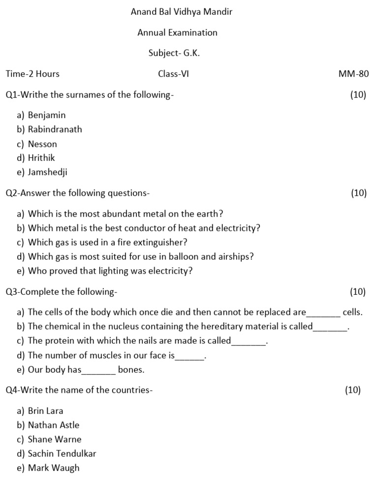 Class 6 GK Question Paper | PDF