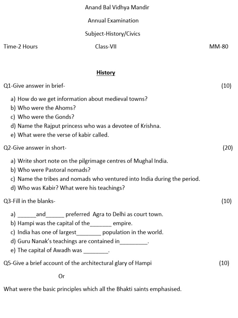 Class 7 History Civics Question Paper | PDF