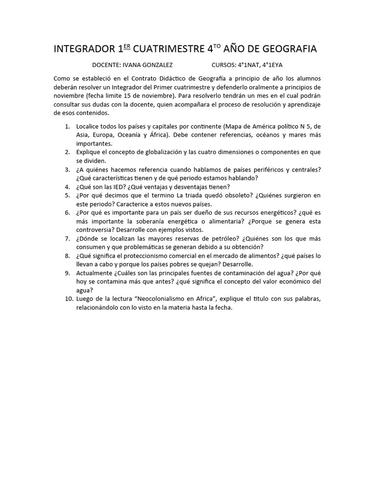 Integrador 1er Cuatrimestre 4to Año de Geografia | PDF