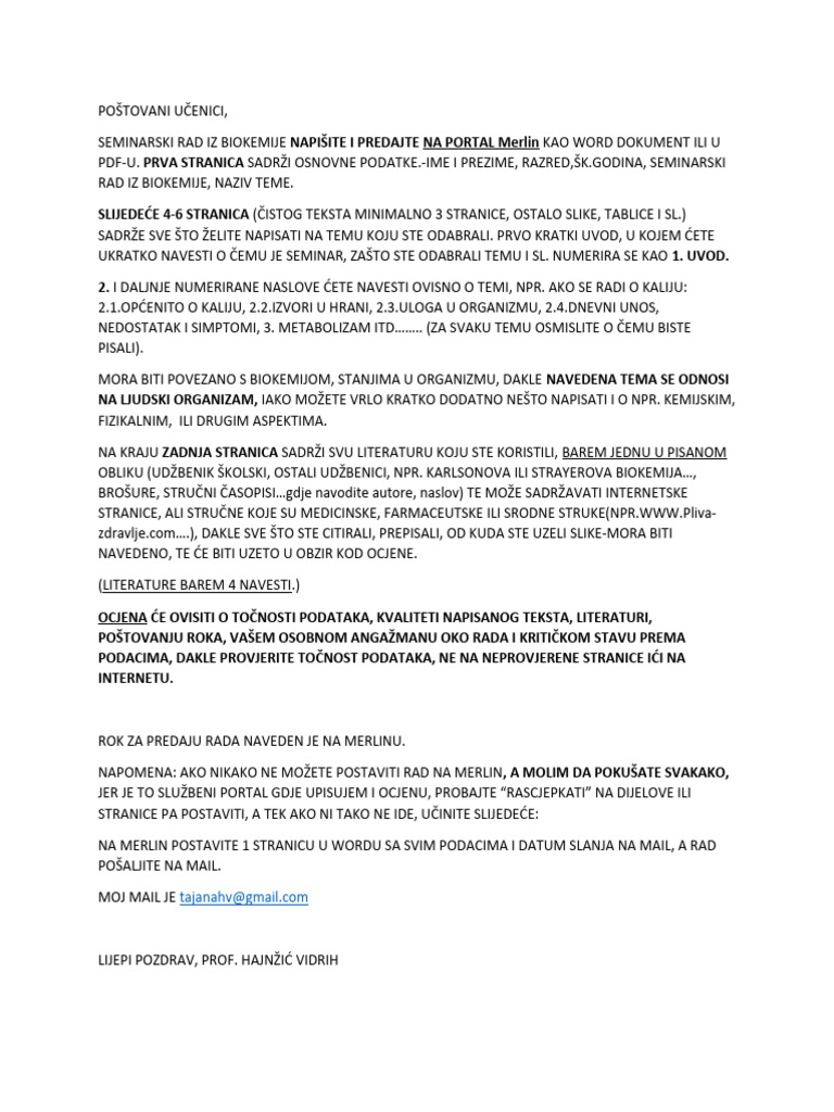 Upute Za Pisanje Seminarskog Rada Iz Biokemije | PDF
