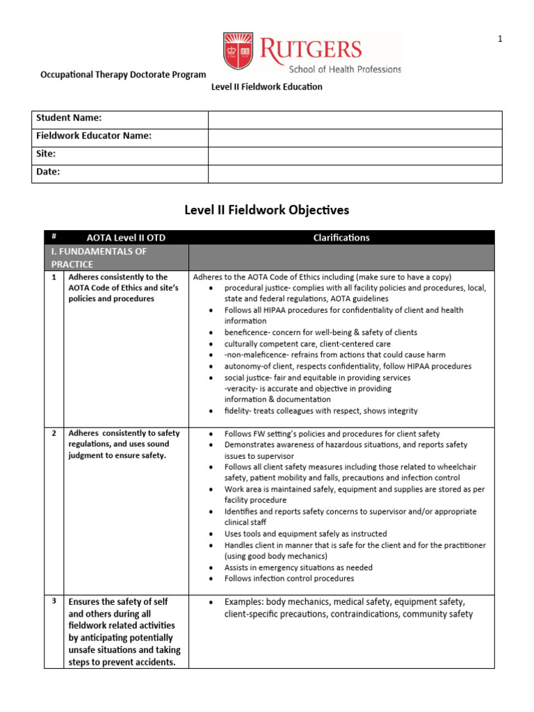 Level II Otd Fieldwork Site Objectives - Student Form | PDF ...