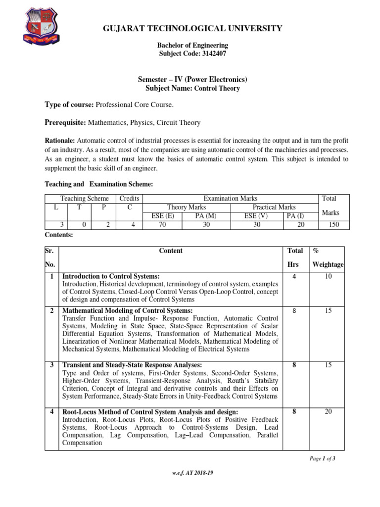 Control Theory Syllabus Pdf Control Theory Cybernetics