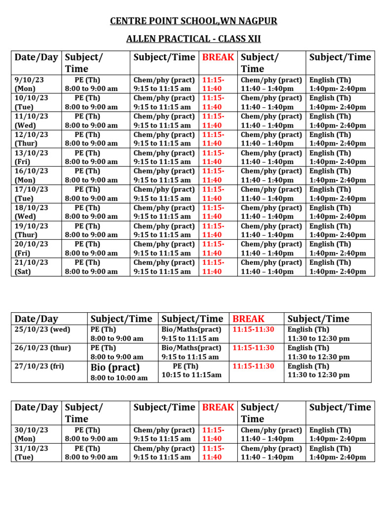 Class XII Practical Schedule 2023 | PDF