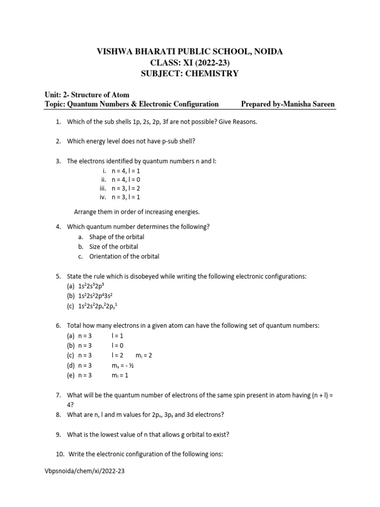Class XI - Unit 2 - Q. No and Elect Config. | PDF | Electron Configuration | Atomic Orbital