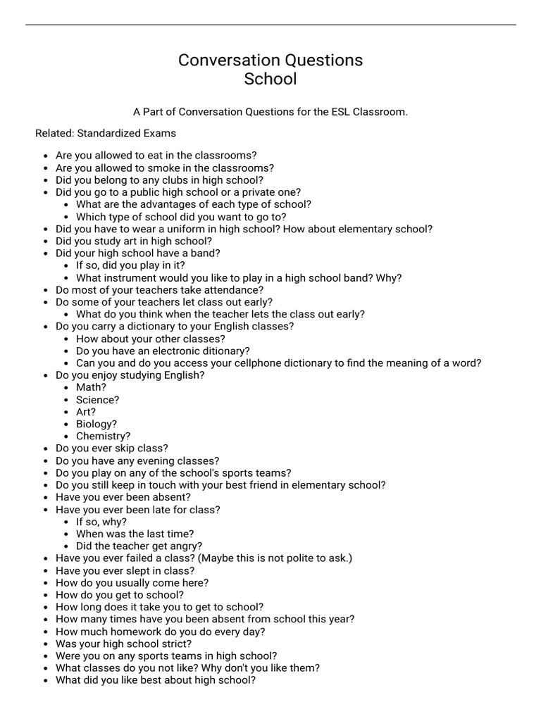 ESL Conversation Questions - School (I-TESL-J) | Download Free PDF ...