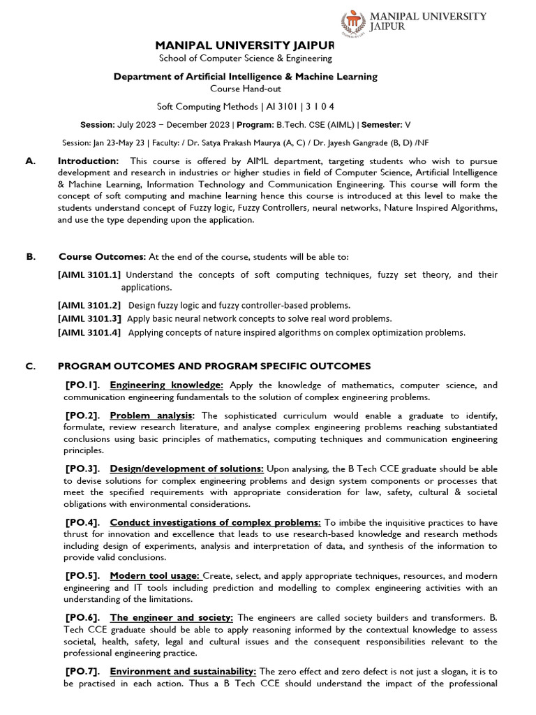 AI3101 SoftComputing Methods Handouts | PDF | Fuzzy Logic | Artificial Intelligence