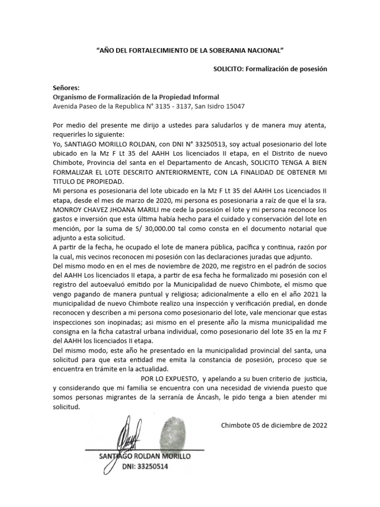 Modelo de Solicitud Cofopri | PDF