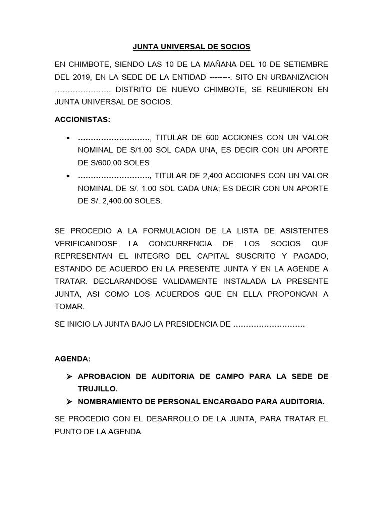 Modelo de Acta de Junta General de Accionistas | PDF Modelo de Acta de Junta General de Accionistas | PDF