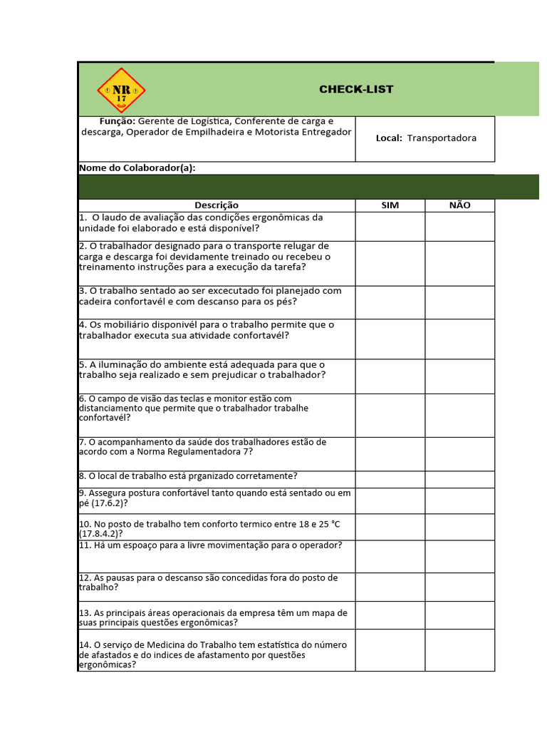 Modelo - Checklist Nr-17 | PDF