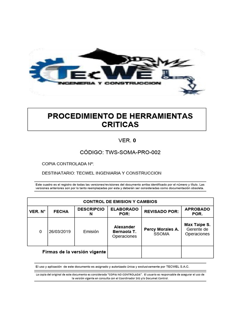 TWS-SOMA-PRO-002 Procedimiento de Herramientas Criticas | PDF | Perforar | Minería