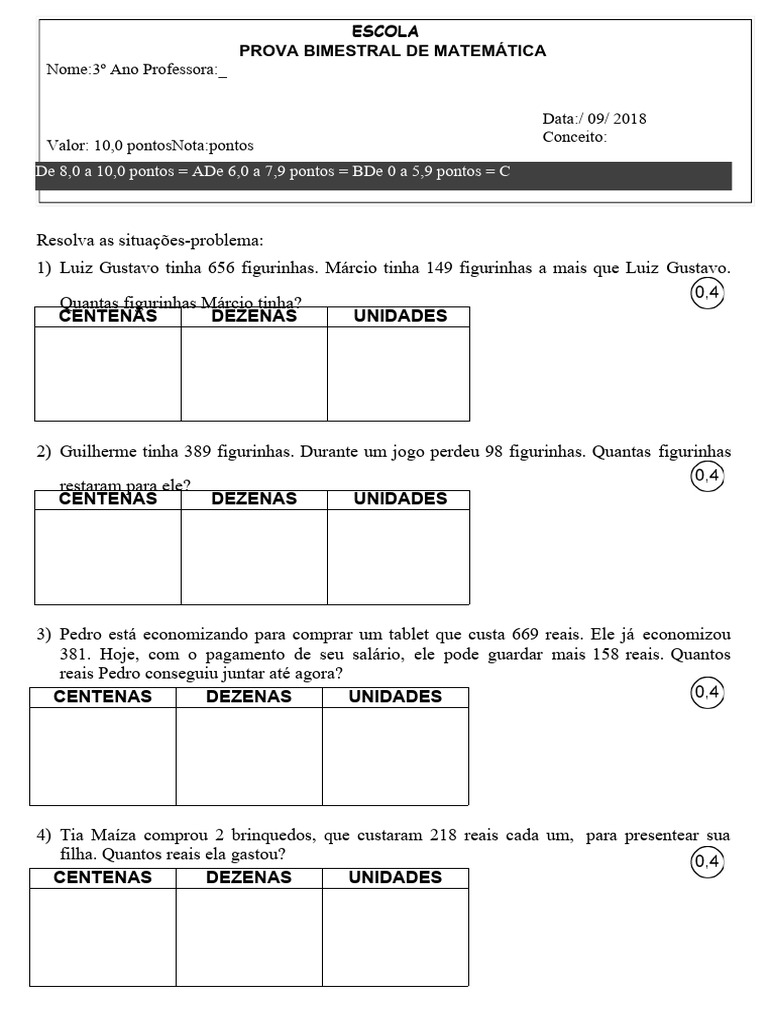 Modelo Prova Matematica 3 Ano | PDF | Matemática