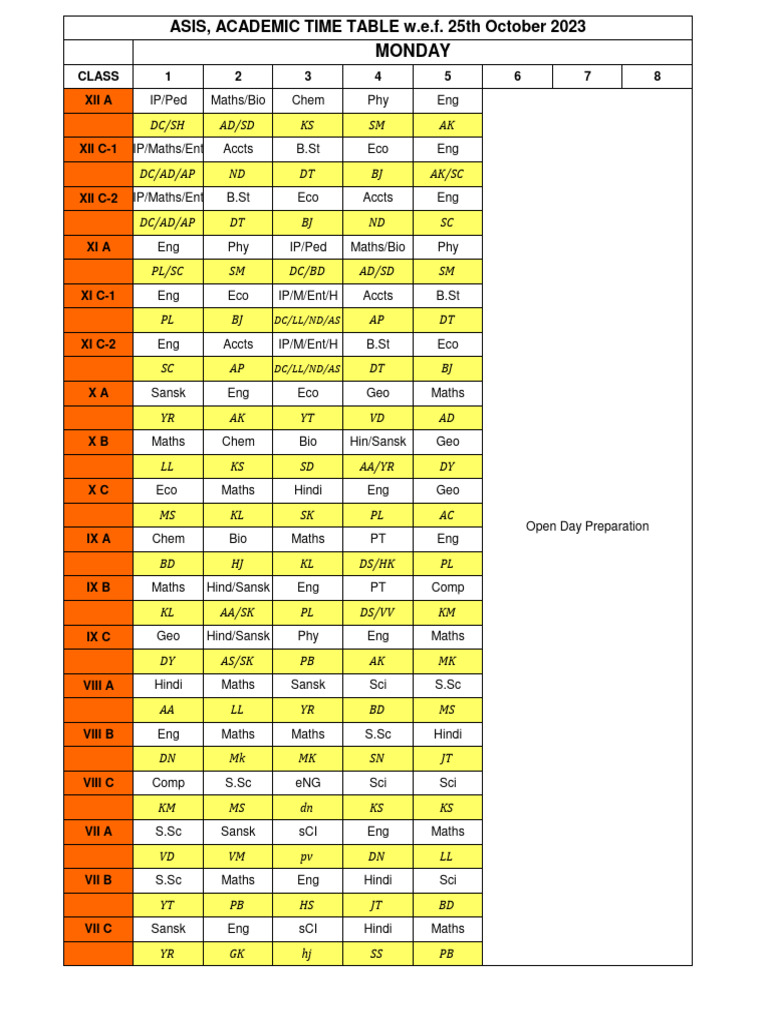 Time Table W.E.F 25th October 2023 Open Day | PDF