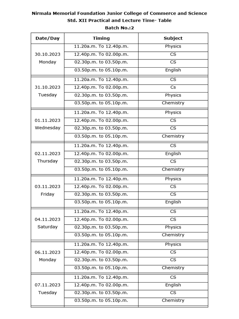Std. XII Practical & Lecture Schedule | PDF
