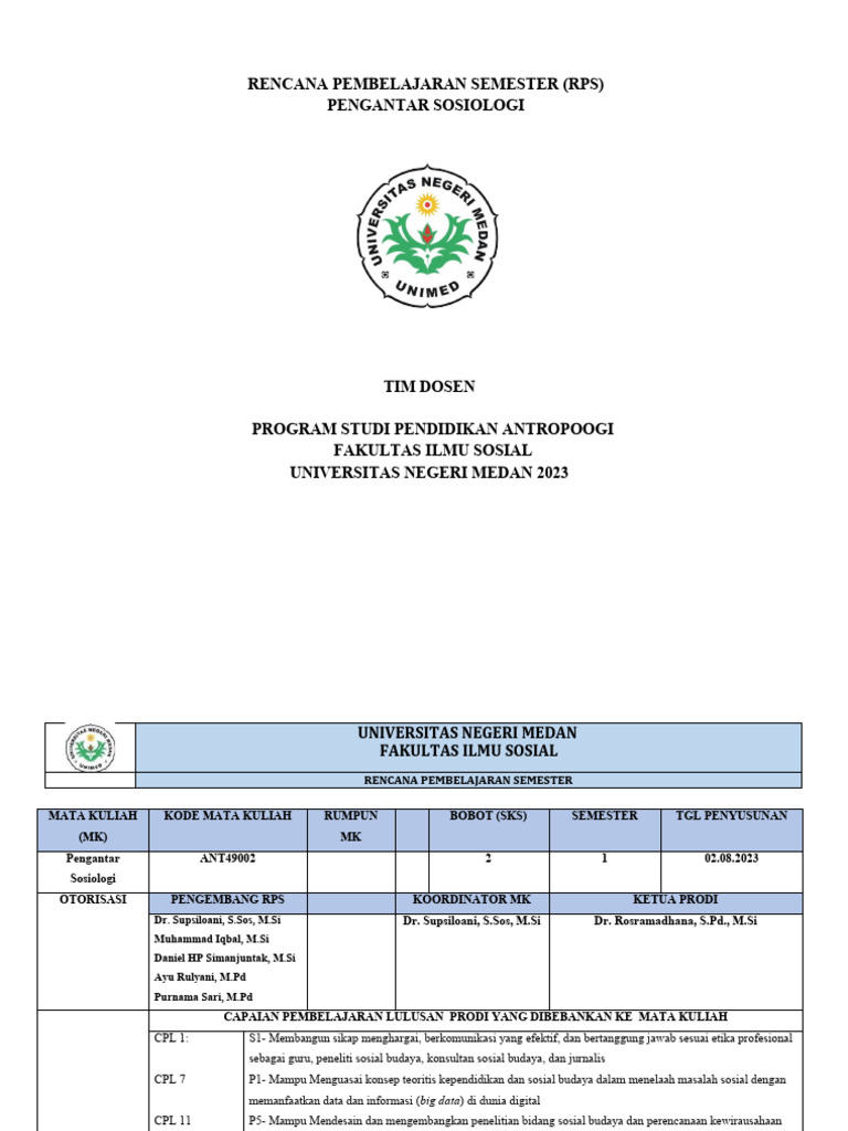 RPS Pengantar Sosiologi 2023 - Revisi | PDF