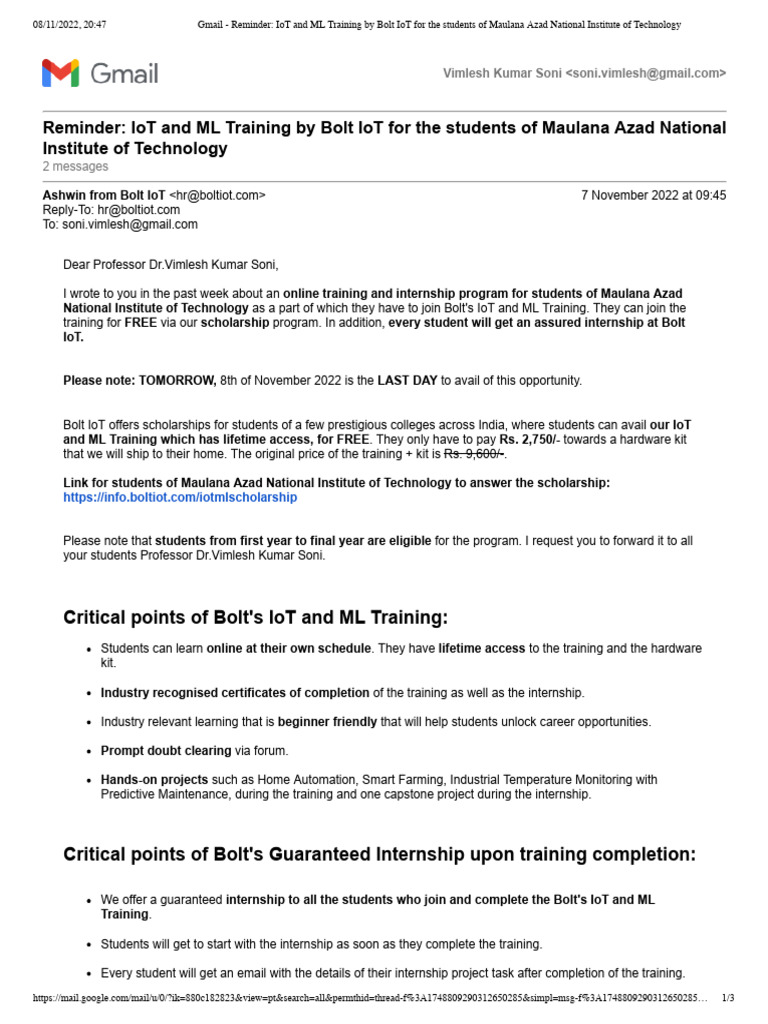 Gmail - Reminder - IoT and ML Training by Bolt IoT For The Students of Maulana Azad National ...