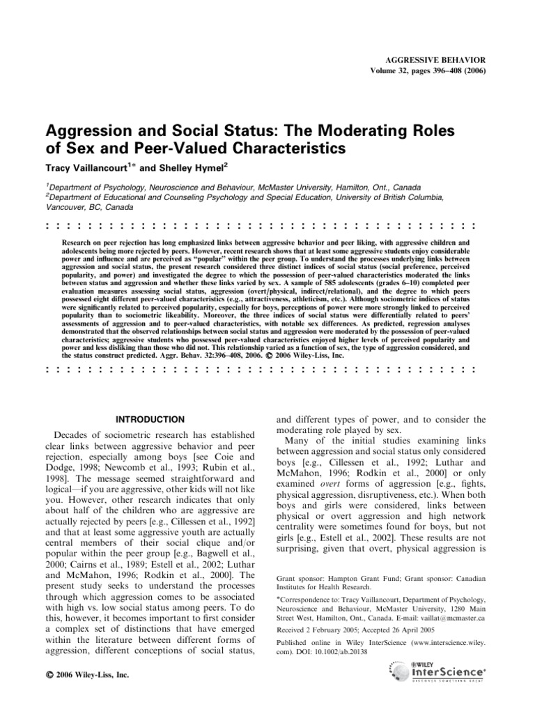 Aggression And Social Status The Moderating Roles Of Sex And Peer Valued Characteristics Pdf