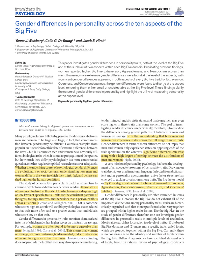 Gender Differences in Personality Across The Ten Aspects of The Big ...