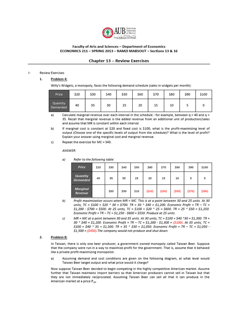 Economics Monopoly Review Exercises | PDF | Monopoly | Profit (Economics)