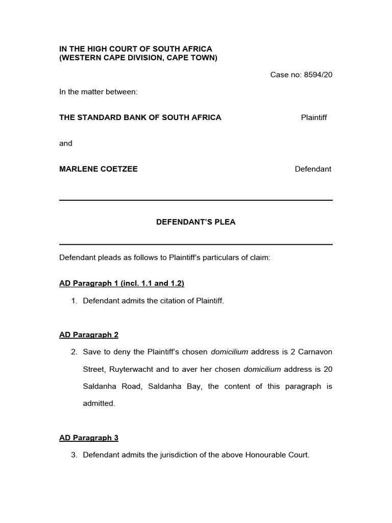 STD Bank V Coetzee Plea DRAFT | PDF | Plea | Public Law