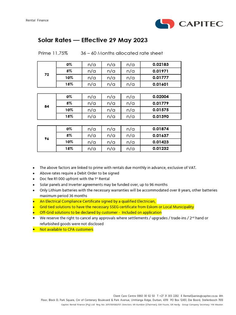 Capitec Rental Finance Rates Overview | PDF | Nature | Electric Power