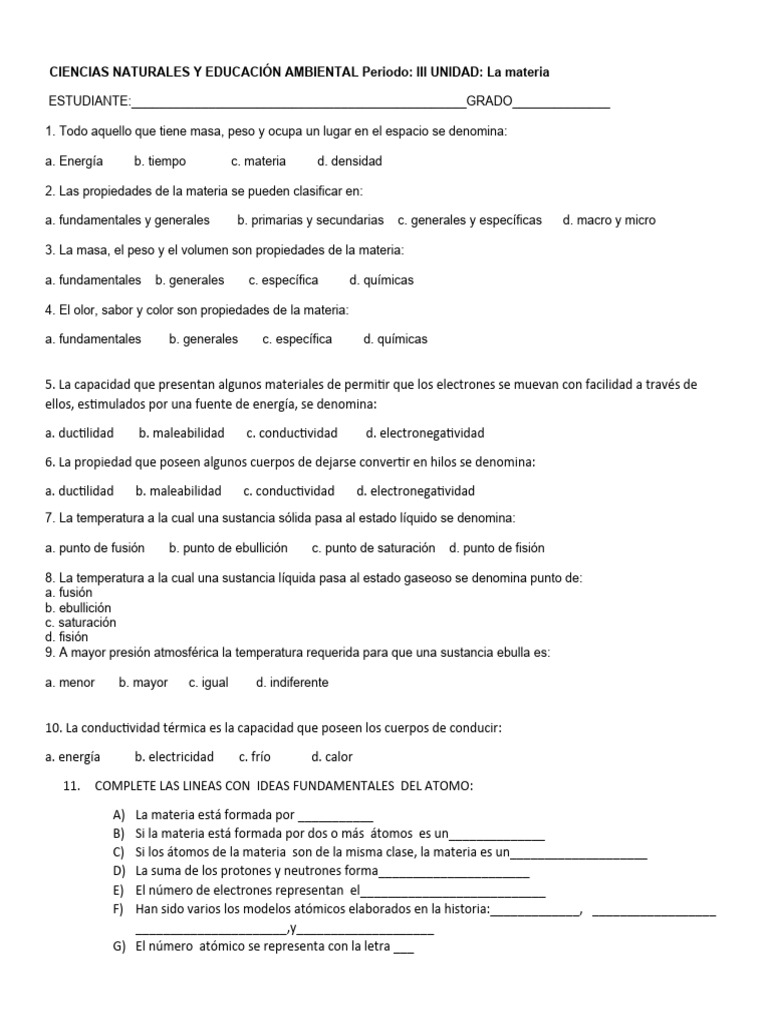 Evaluacion Propiedades de La Materia | PDF | Importar | Átomos