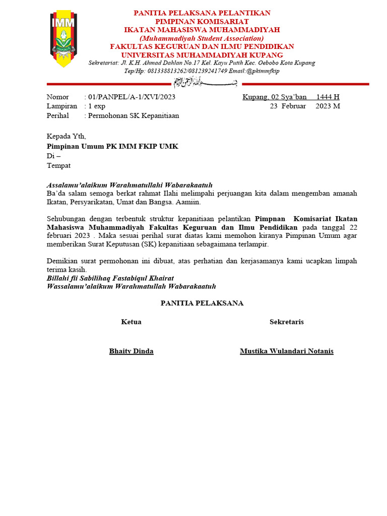 Surat Permohonan SK Pelantikan Imm Fip Umk 2023 | PDF