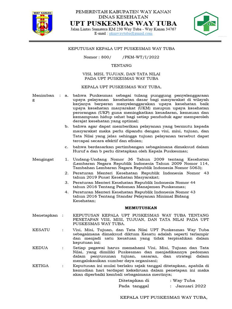 SK Visi, Misi, Tujuan, Tata Nilai Ok | PDF