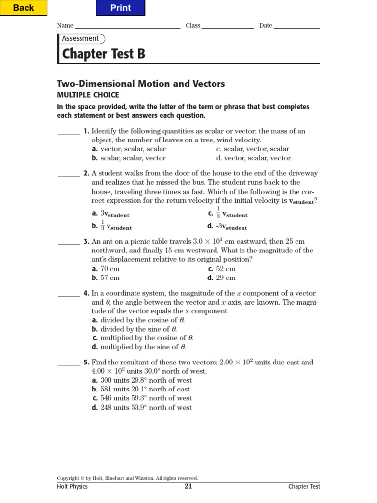Chapter Test B: Two-Dimensional Motion and Vectors | PDF | Euclidean ...