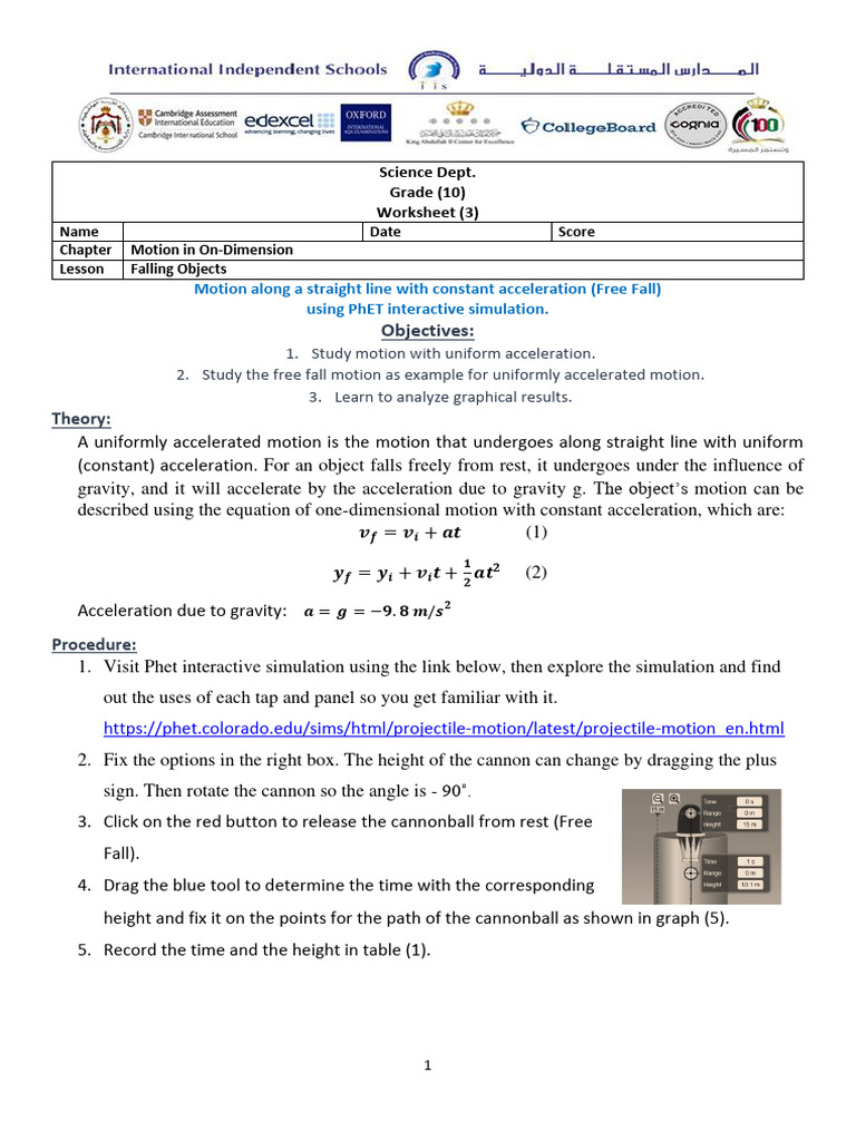Worksheet Free Falling - Phet Sim Hamza1 | PDF | Acceleration | Gravity