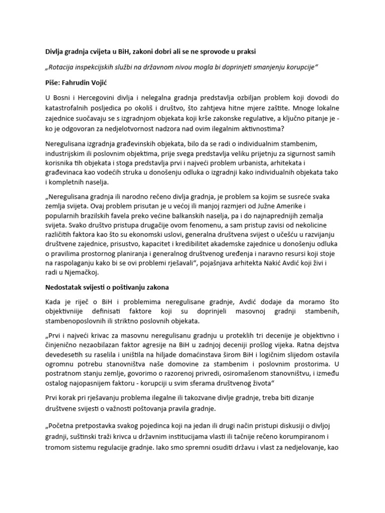 Divlja Gradnja Cvijeta U BiH, Zakoni Dobri Ali Se Ne Sprovode U Praksi ...