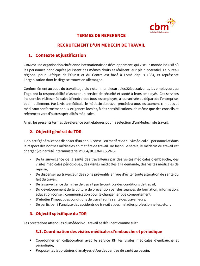 TERMES DE REFERENCE_Recrutement d'un médécin de travail_11102023 | PDF