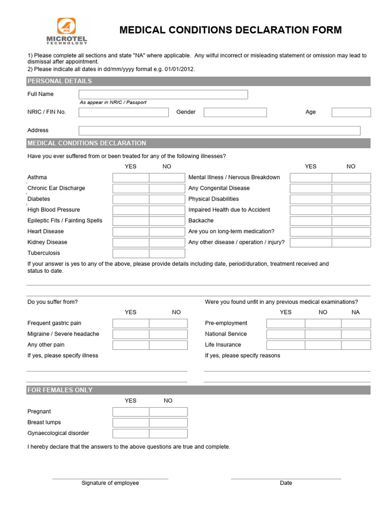 Medical Conditions Declaration Form | PDF | Self-Improvement | Wellness