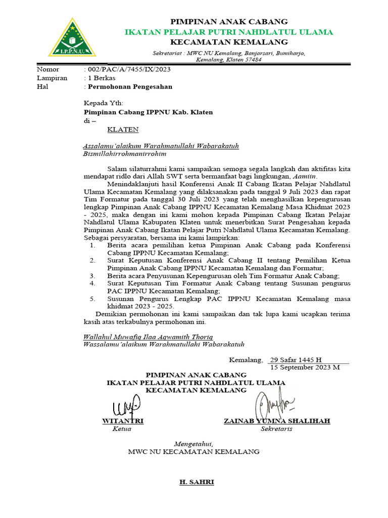IPPNU Kemalang - Surat Permohonan Pengesahan | PDF IPPNU Kemalang - Surat Permohonan Pengesahan | PDF