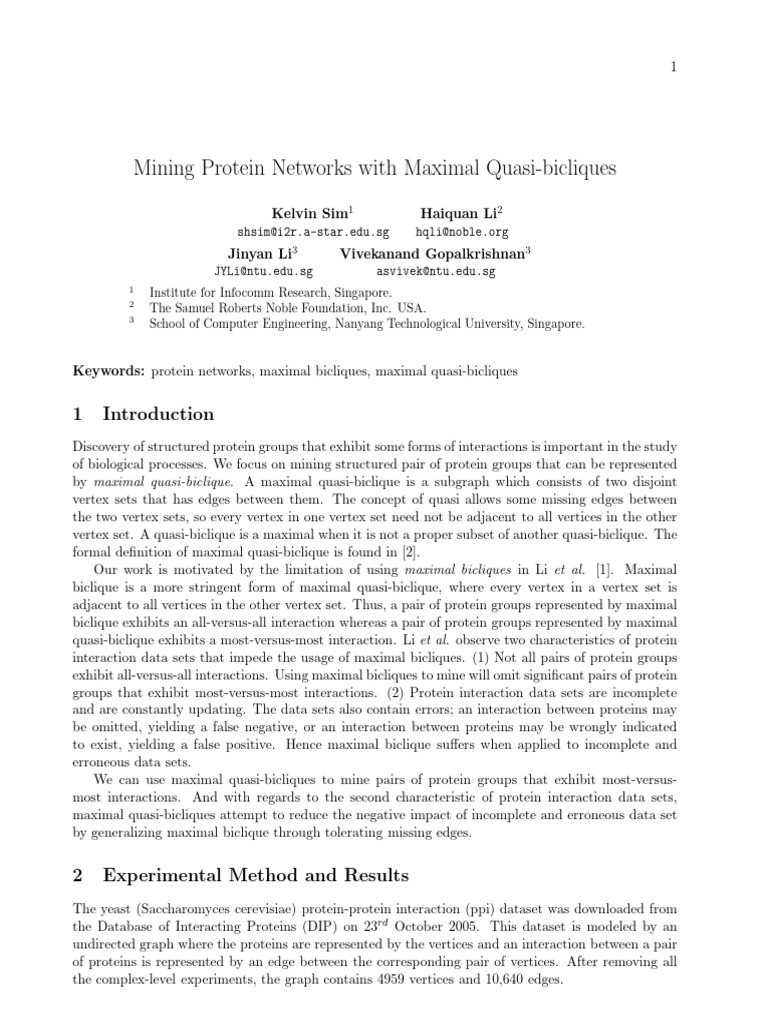 Mining Protein Networks With Maximal Quasi Bicliques Pdf Protein Protein Interaction