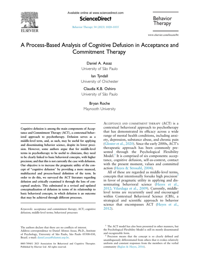 A Process Based Analysis Of Cognitive Defusion In Acceptance And Commitment Therapy Pdf 