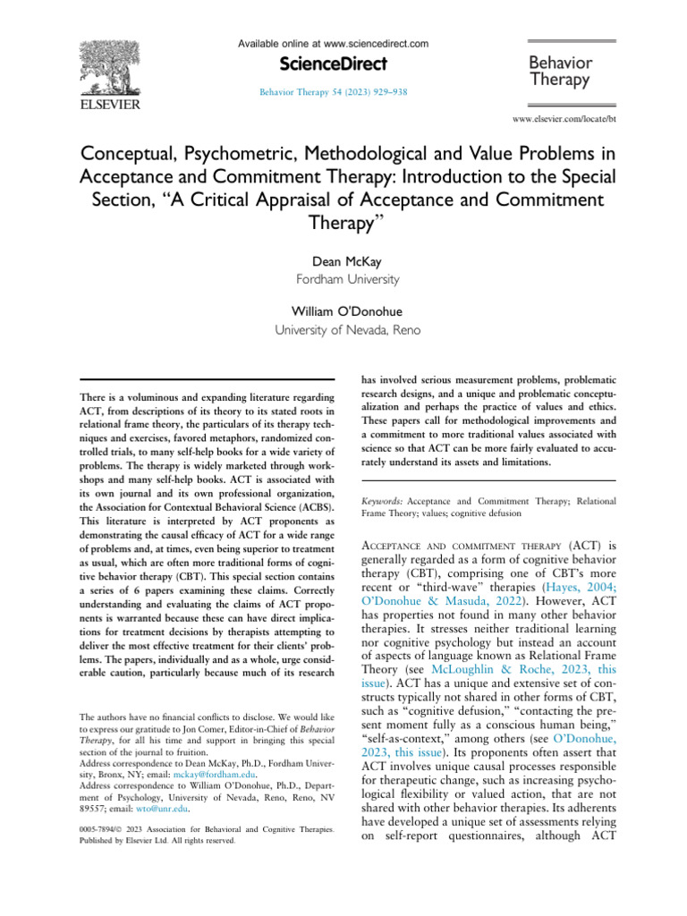 Conceptual, Psychometric, Methodological and Value Problems in ACT | PDF | Psychotherapy ...